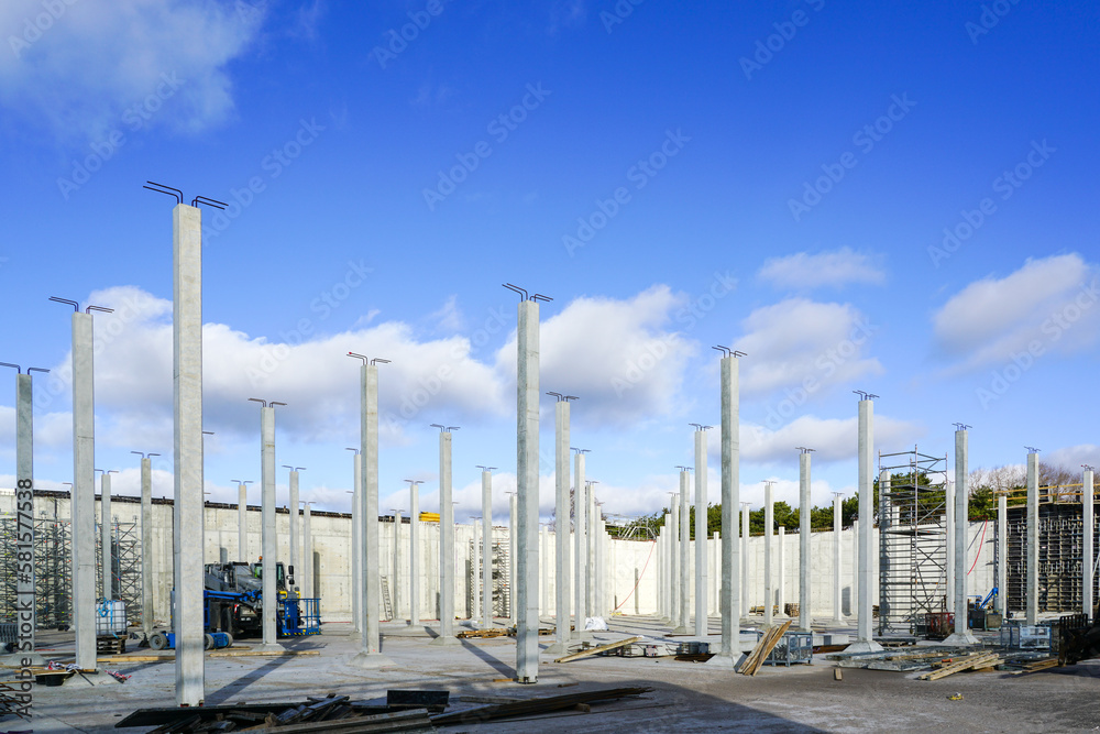 Many white vertical reinforced concrete columns at the construction ...