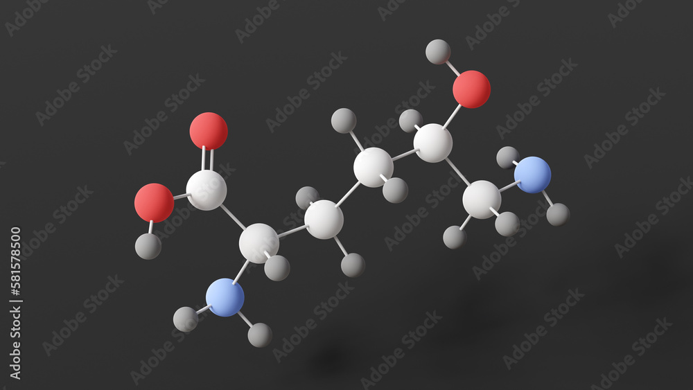 hydroxylysine molecule, molecular structure, amino acid, ball and stick ...