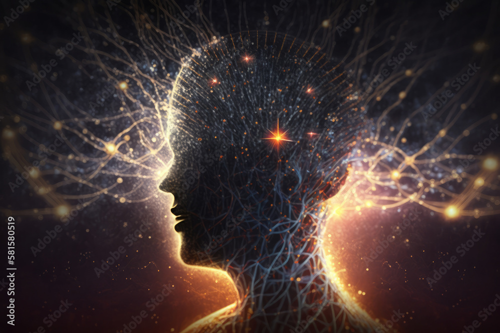 Astral body woman silhouette bust at abstract space background neural ...