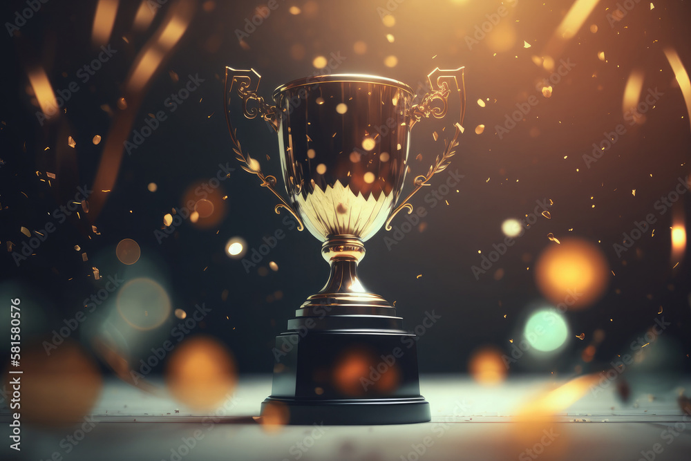Golden champion trophy cup winner on blur bokeh dark lights background ...