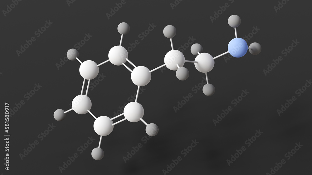 phenethylamine molecule, molecular structure, trace amine, ball and ...