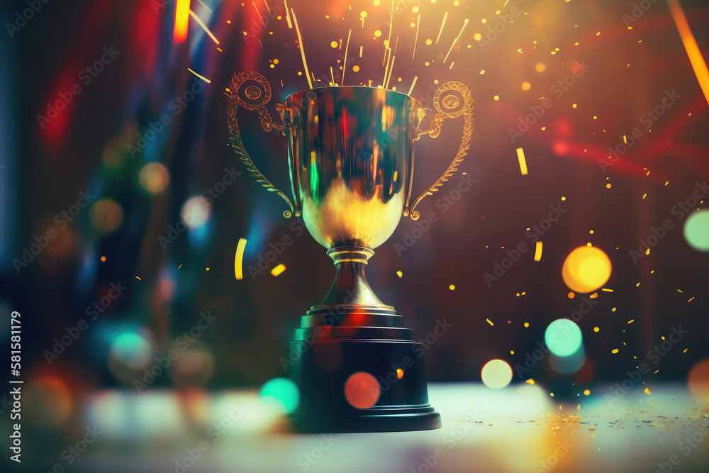 Golden champion trophy cup winner on blur bokeh dark lights background ...