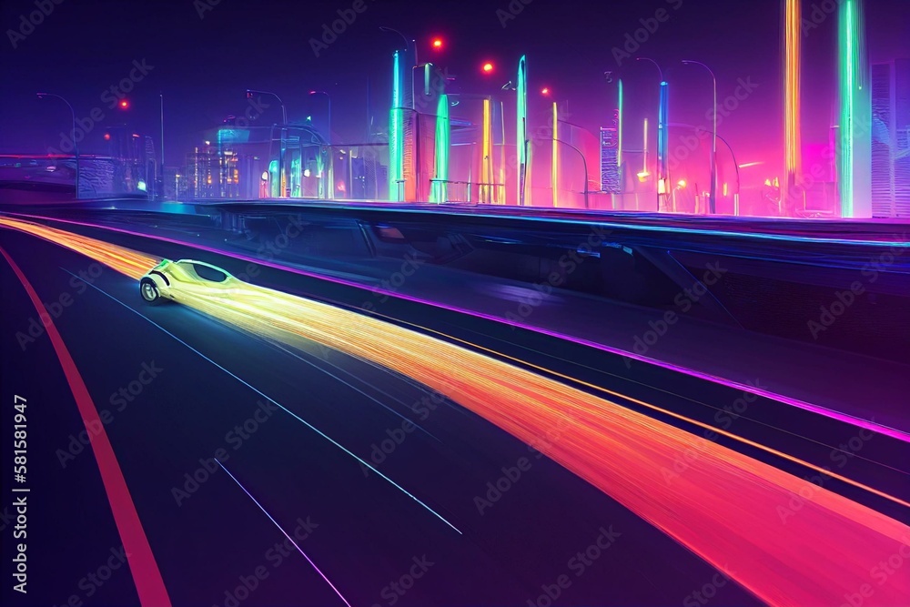 Futuristic Super Car On Neon Highway. Powerful acceleration of a ...