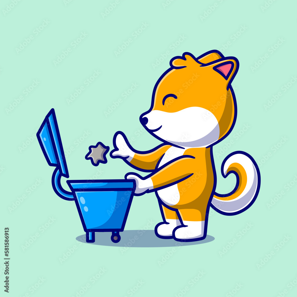 cute dog throwing trash in the trash cartoon icon illustration ...