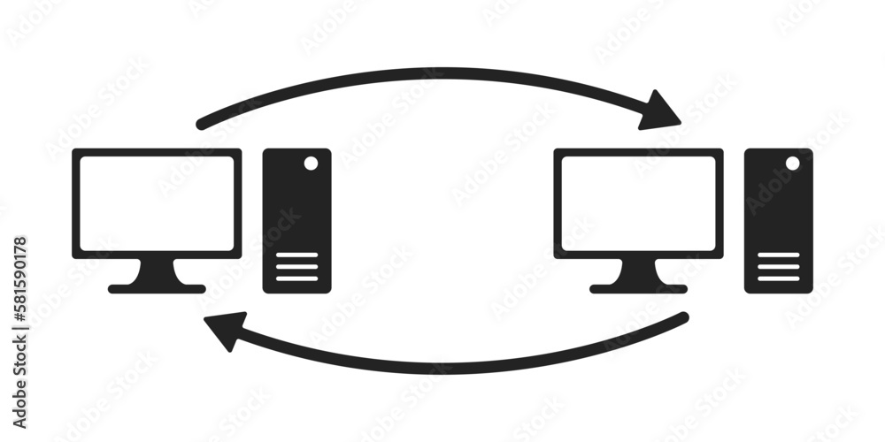 Computer vector icon. File transfer icon between computers vector. A ...