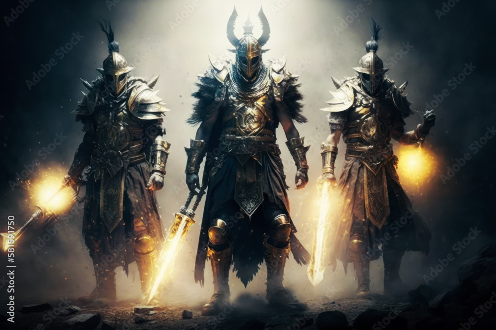 Illustrazione Stock Squad of warriors in armor with magic weapons ...