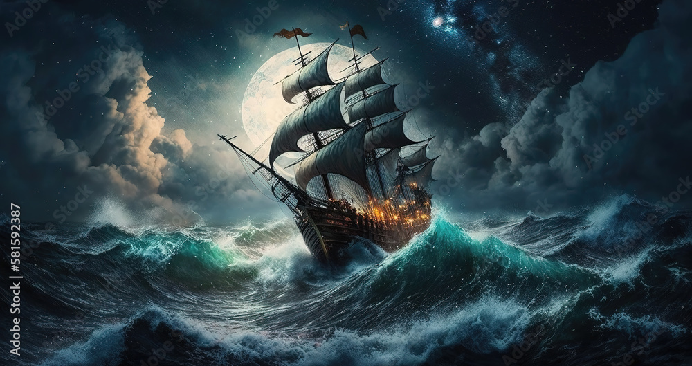 a medieval ship in front of a full moon on heavy water, generative ai ...