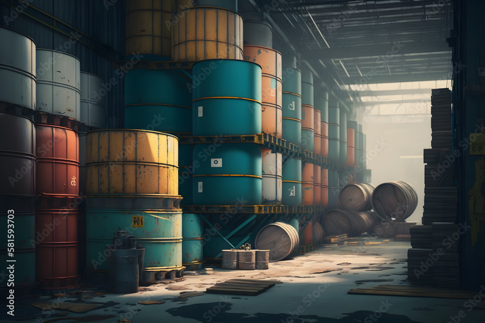 Stacks of oil barrels in oil refinery warehouse. Neural network AI ...