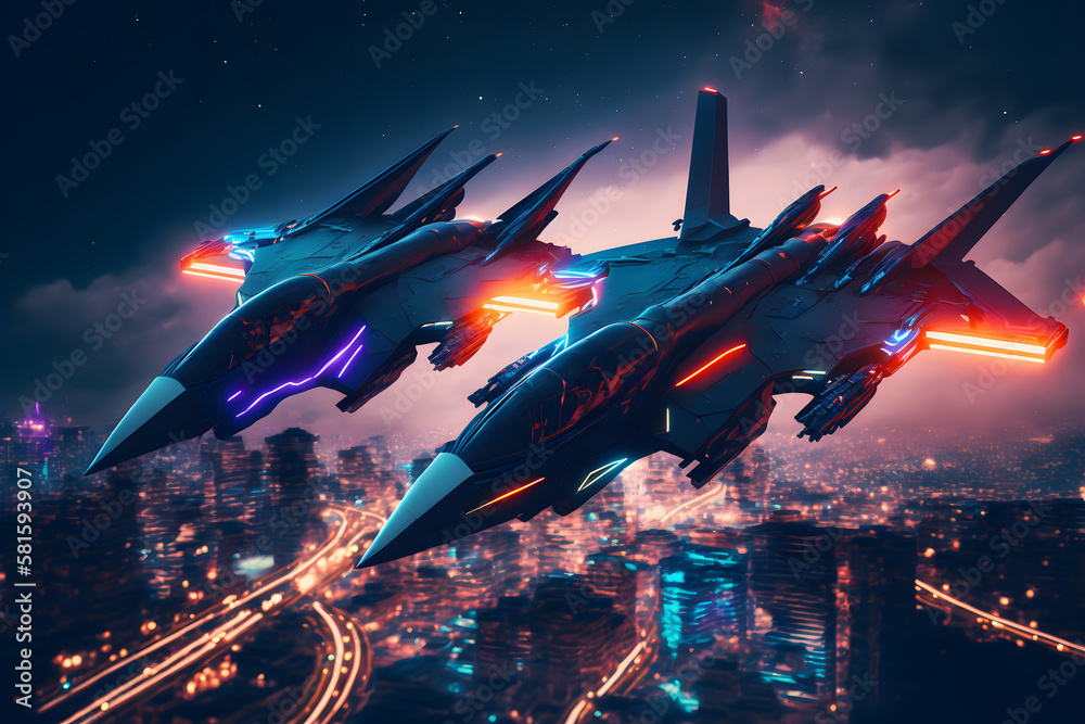 Modern futuristic destroyer jet in neon glowing light. Neural network ...