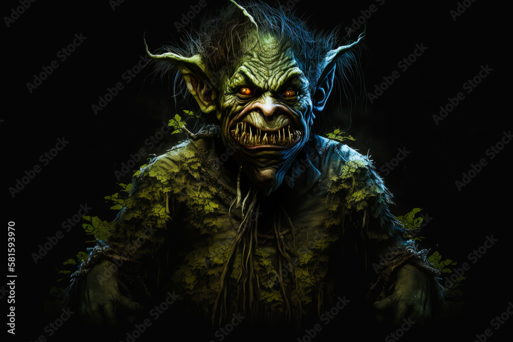 A green goblin with hooked fingers, an evil and goofy expression ...