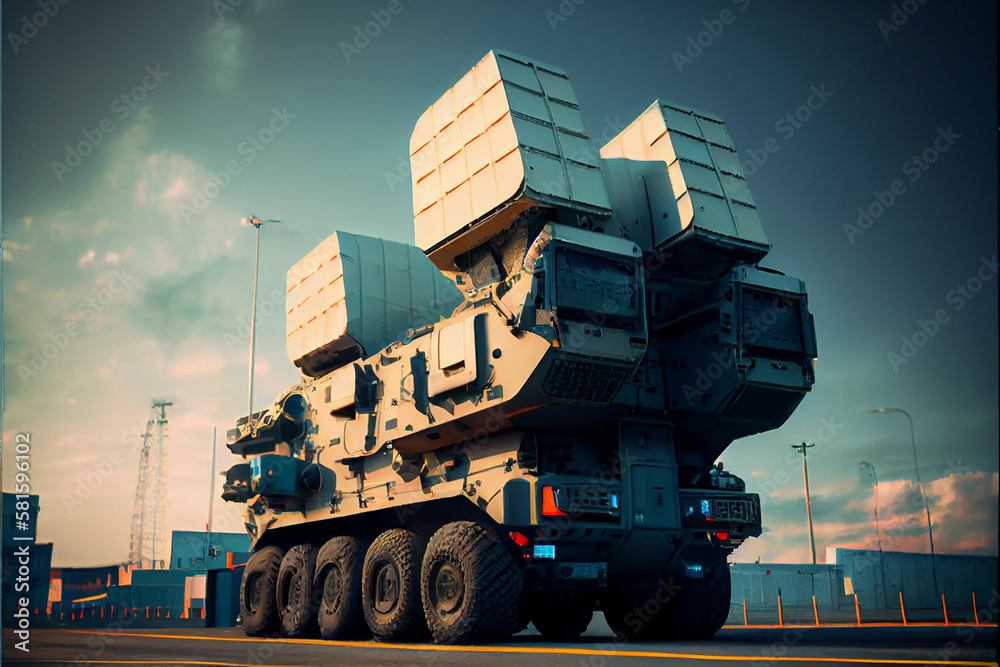 Air defense radars of military mobile antiaircraft systems in green ...