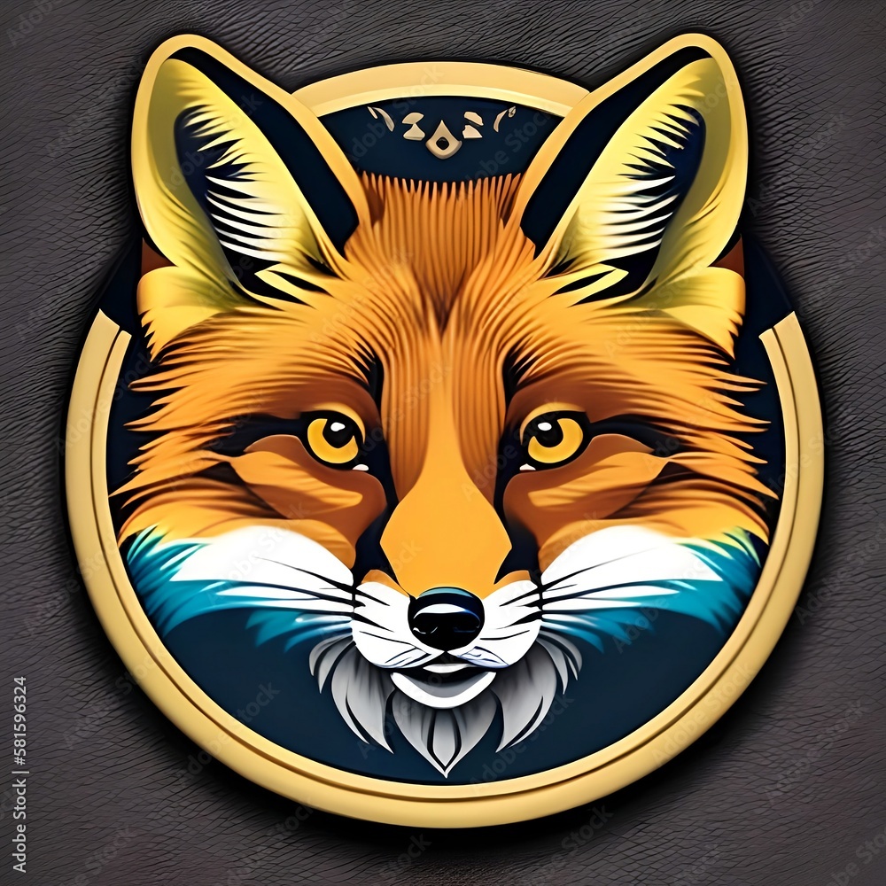 gold sticker emblem logo of a happy cute smiling fox. blue, blank ...