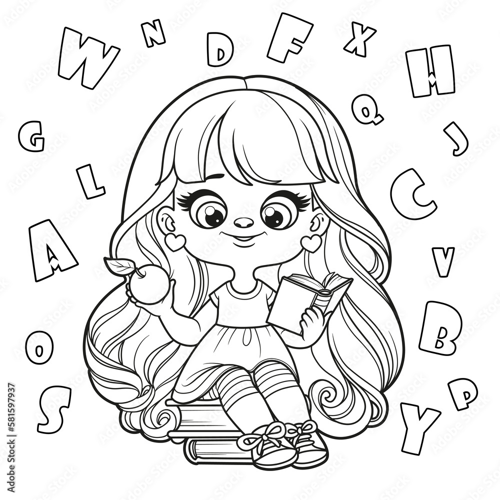 Cute cartoon longhaired girl sit on textbooks and read outlined for ...