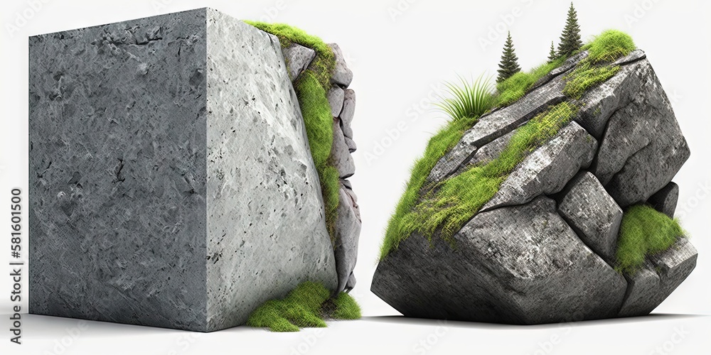 An illustration featuring a top and side view of a grey stone with moss ...