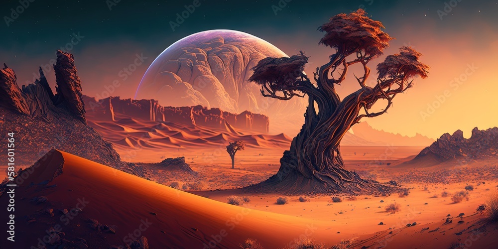 Poster Two identical images of an arid desert landscape at sunset ...