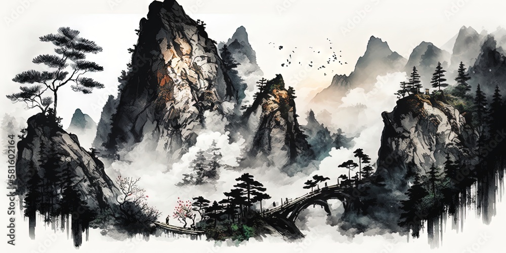 Ink landscape painting in Chinese style and watercolor landscape ...