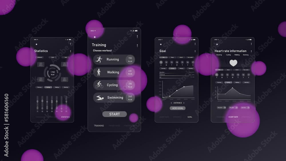 Fitness app interface. Moving banner with stylish mockups or page ...