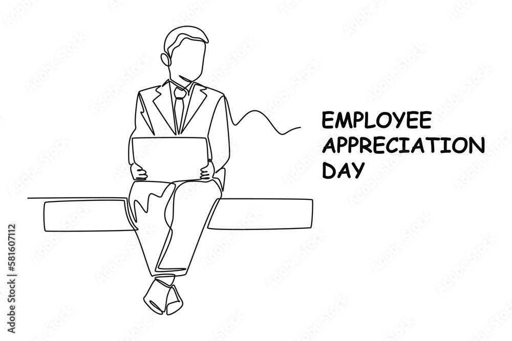 Single one line drawing an employee opens a laptop to finish his work ...