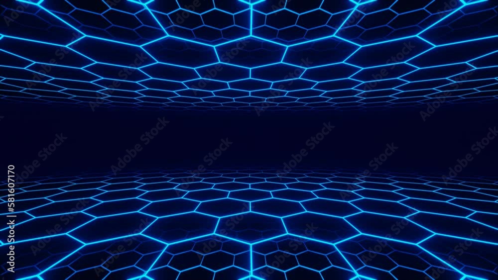 Blue neon glow class hexagon grid tunnel loop animation background ...