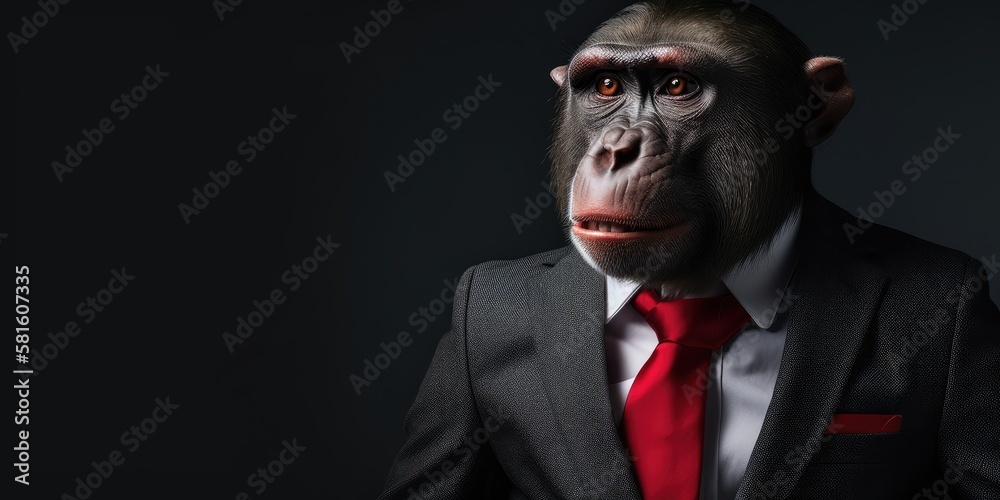 banner with empty space. A monkey wearing a tailored suit with a red ...