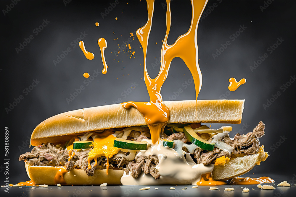 Realistic illustration of Philly Cheesesteak sandwich large size with ...