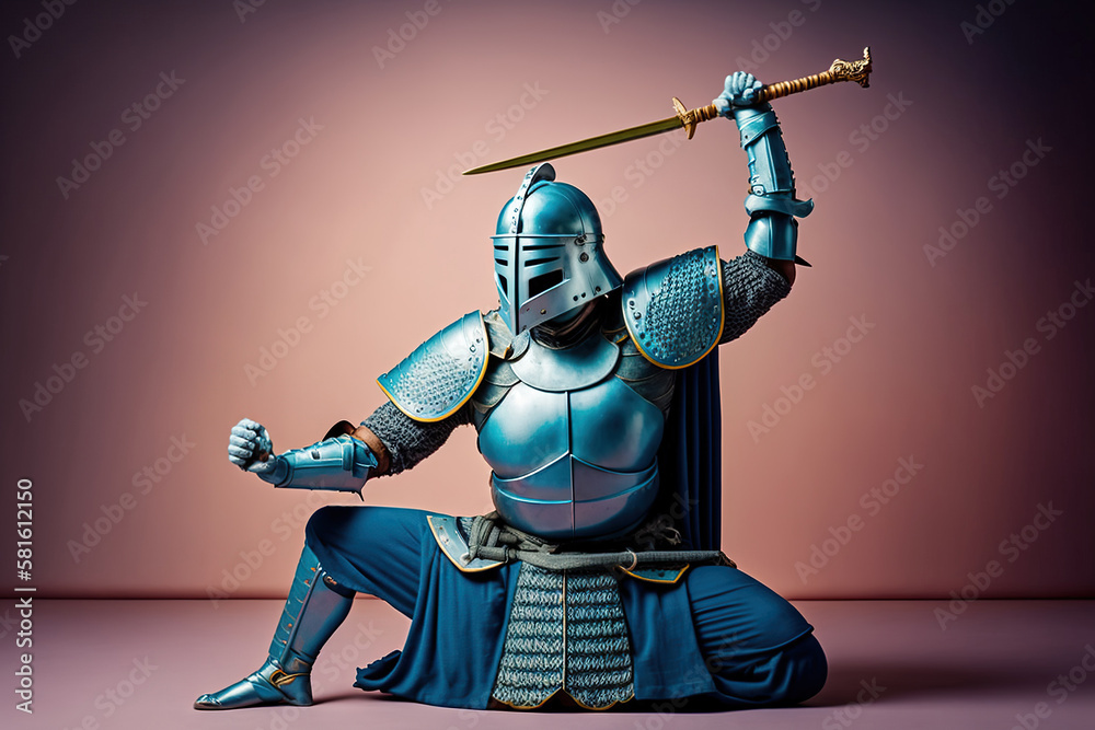 woman knight in full armor doing yoga, created with Generative AI ...