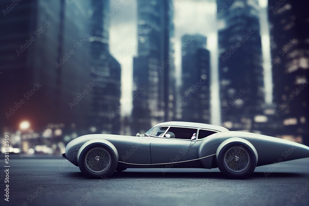 vintage car in modern city against backdrop of enormous skyscraper and ...