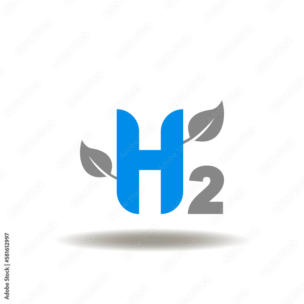 Vector illustration of H2 chemical element and leaves. Icon of hydrogen ...