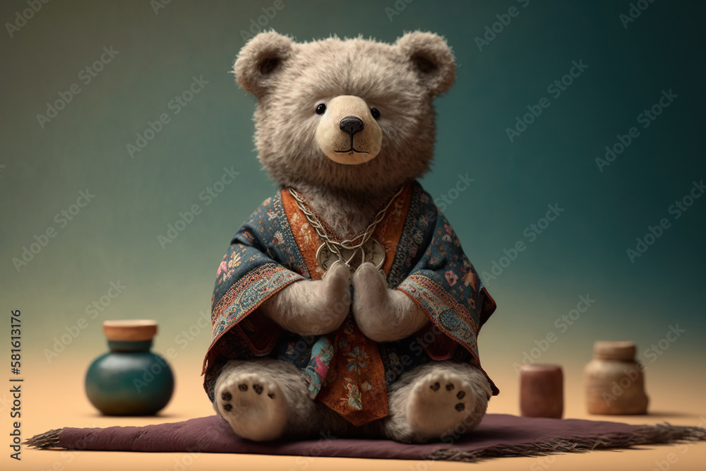 teddy bear in boho clothes doing yoga, created with Generative AI ...