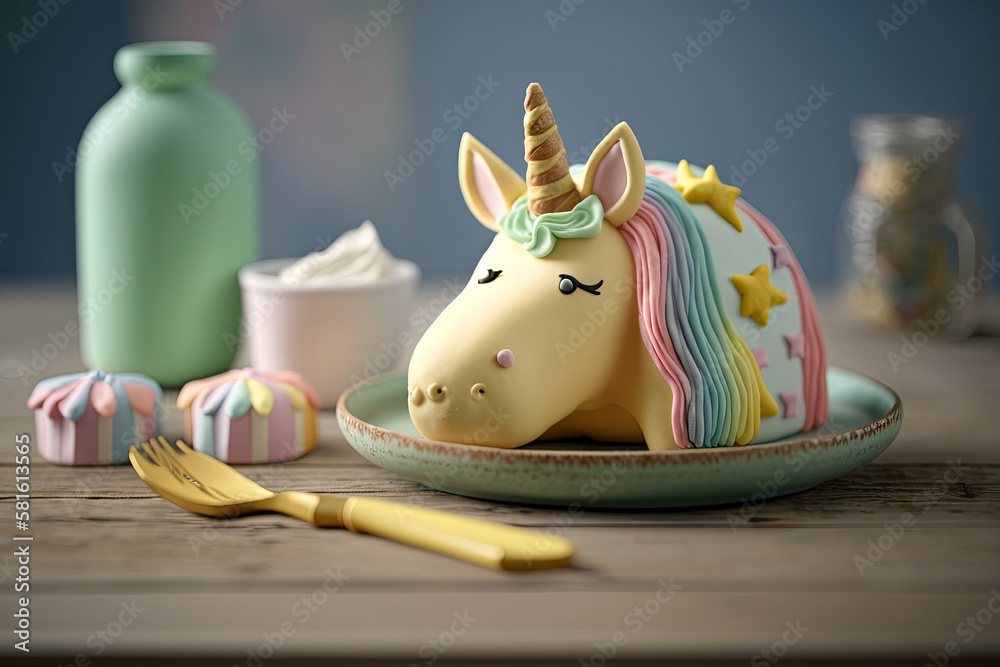 Rainbow Unicorn Cake in Colorful Room - Generative AI Stock Illustration | Adobe Stock