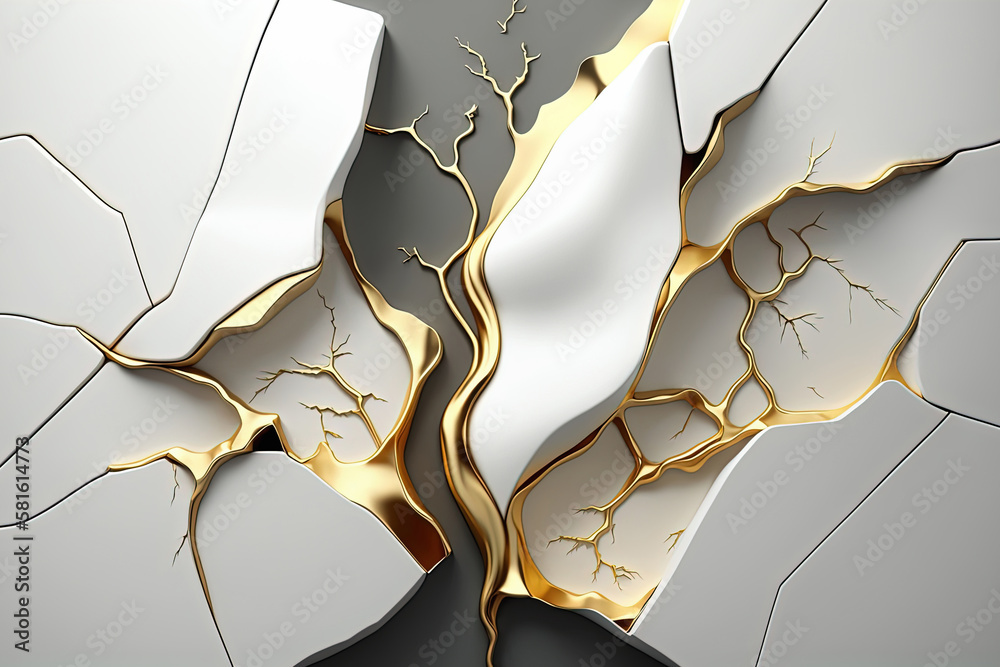 White and gold kintsugi style wall background with cracked lines Stock Illustration | Adobe Stock