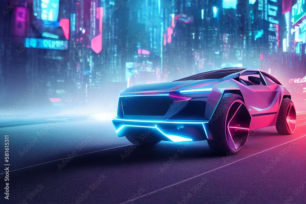 On the tech space, a neon cyberpunk automobile is surrounded by ...