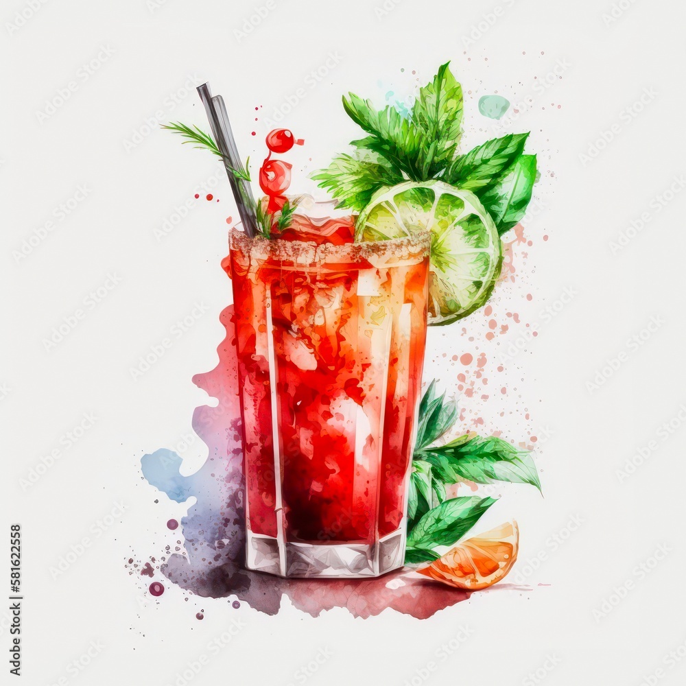 Fresh summer berry cocktail isolated on white background. Exotic alcohol red cocktail decorated ...