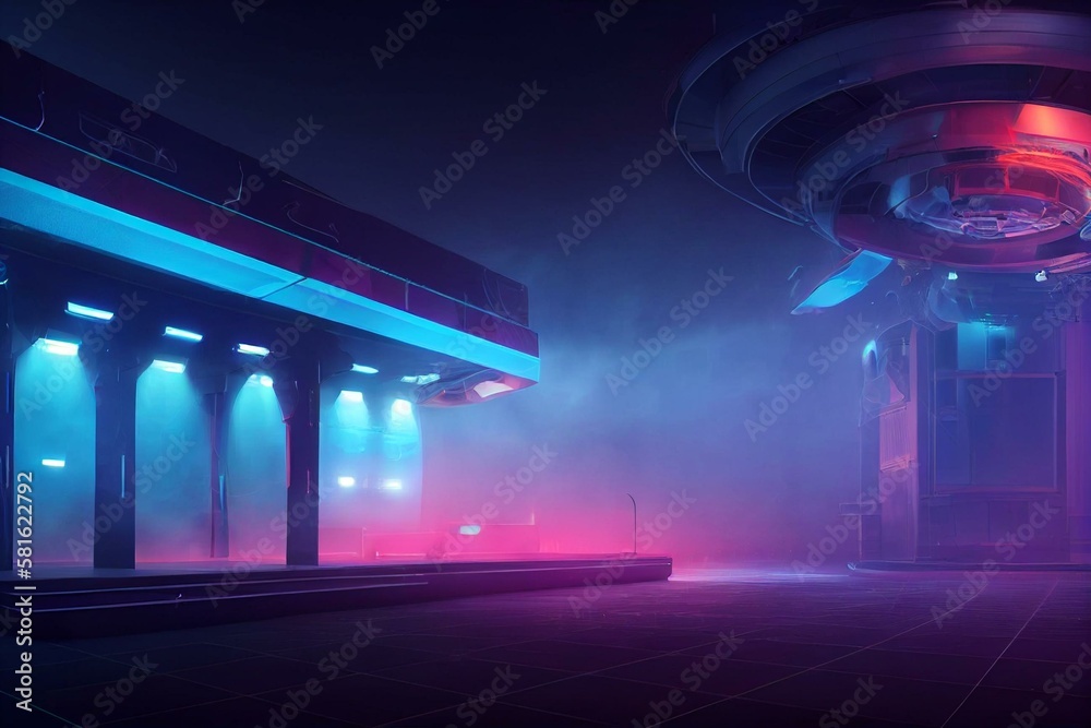 Blue futuristic empty podium stage with Smoke and neon light generative ...