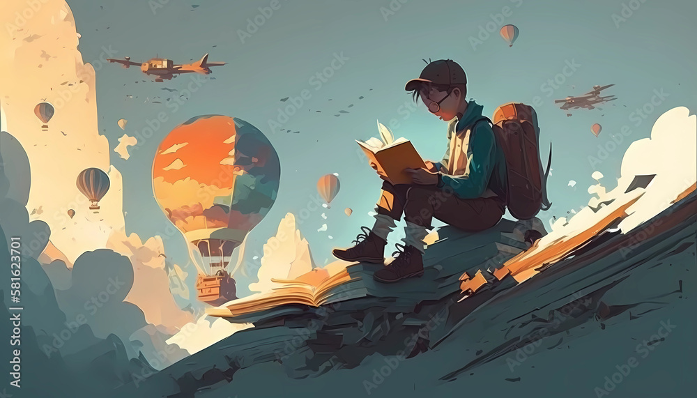 all knowladge from a book. world book day. digital art illustration ...