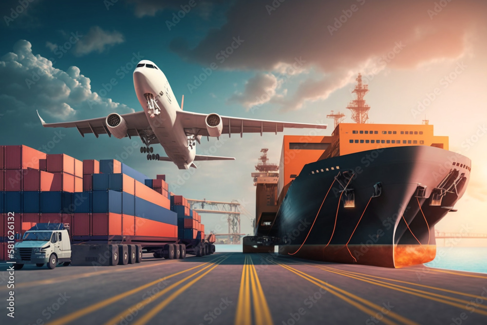 Transportation and logistics of a container cargo ship and cargo plane ...