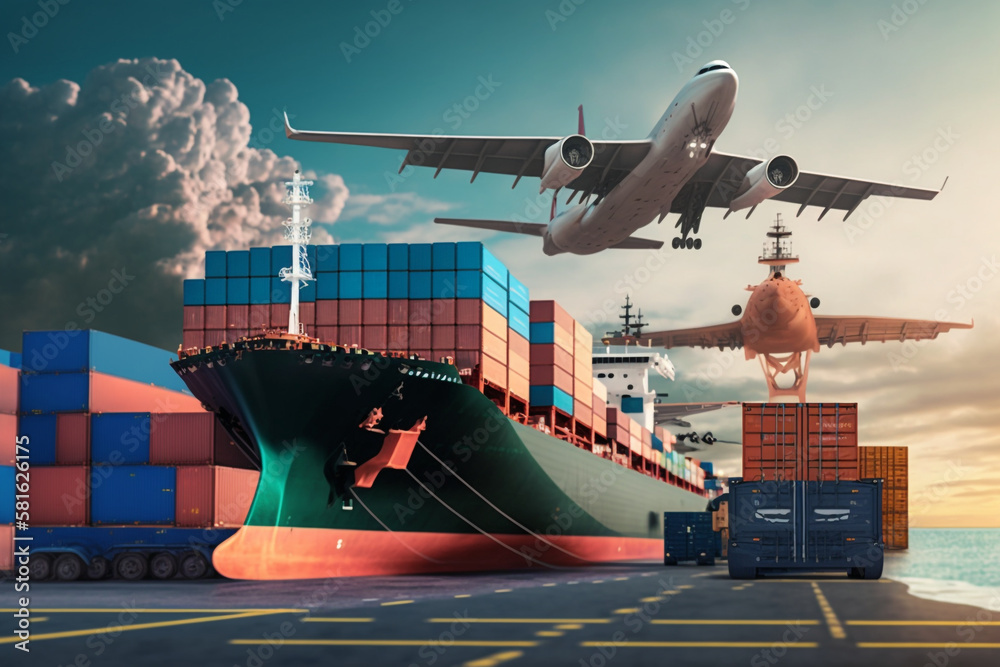 Transportation and logistics of a container cargo ship and cargo plane ...