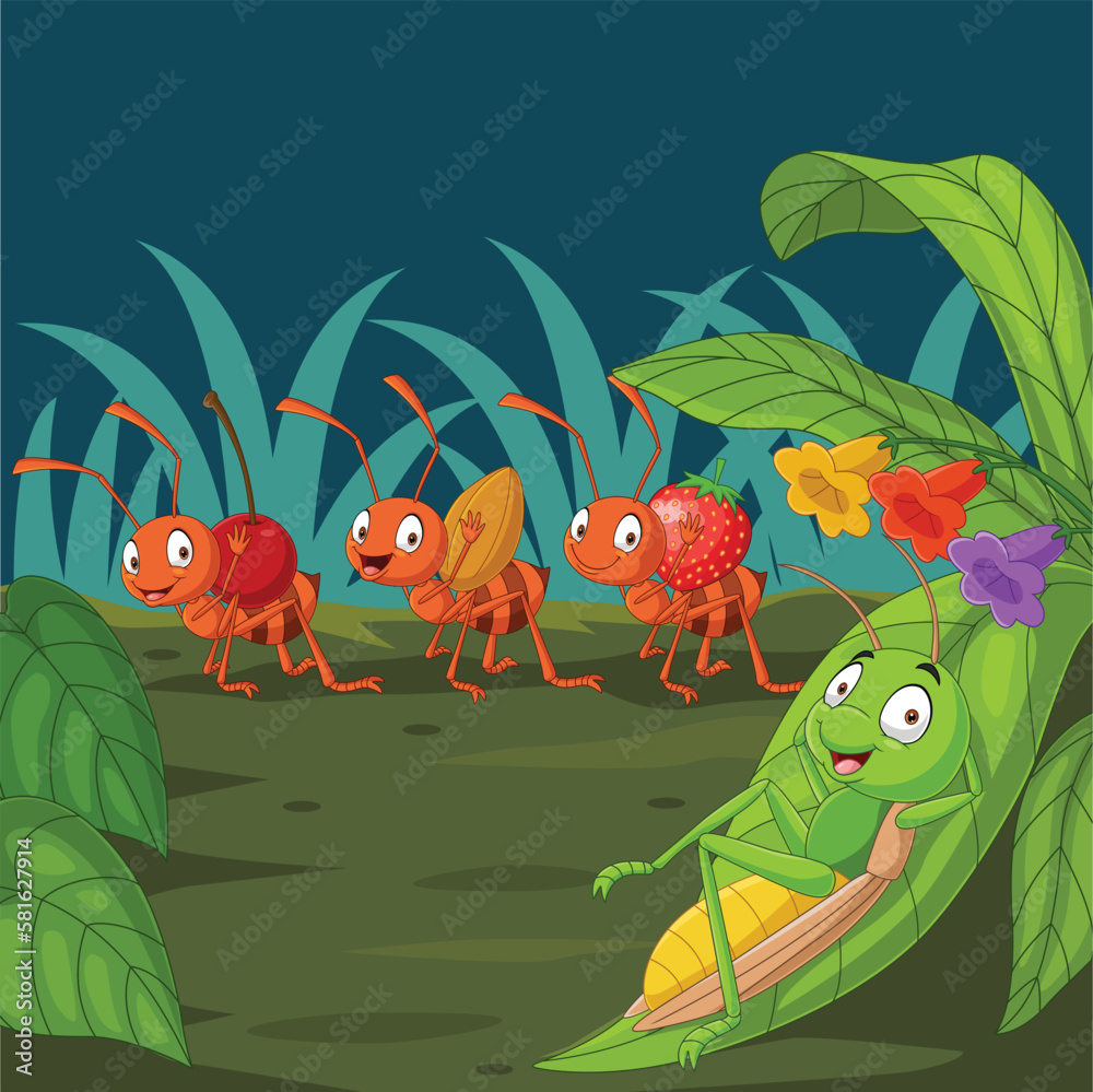 Cartoon ant and grasshopper in the garden Stock Vector | Adobe Stock