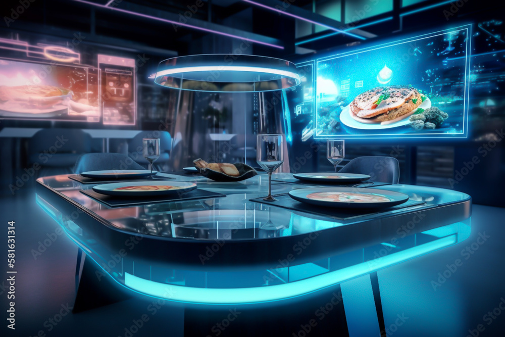 automation futuristic restaurant with smart screen or hologram ...