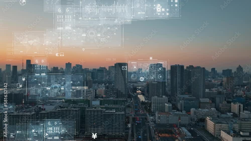 Modern city aerial view and digital transformation concept. System ...