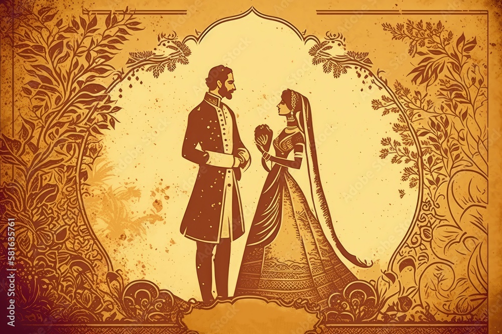 Indian wedding card golden background vintage retro style. Generative ...