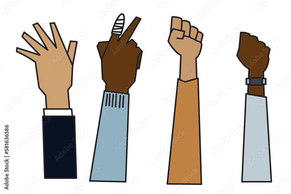 people raising hands that are different Ethnicity, gender, age and skin ...