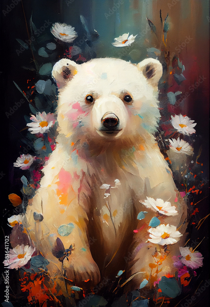 A charming portrait of a bear with a dynamic pose is depicted in this ...