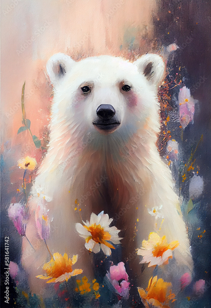 A charming portrait of a bear with a dynamic pose is depicted in this ...