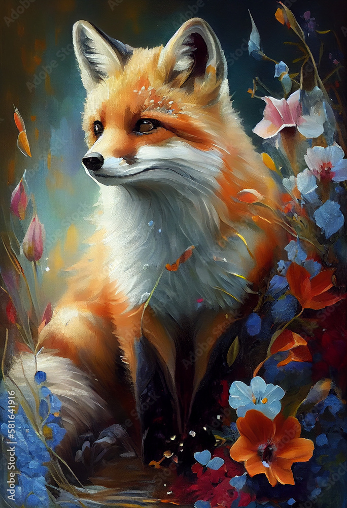 A charming portrait of a fox with a dynamic pose is depicted in this ...