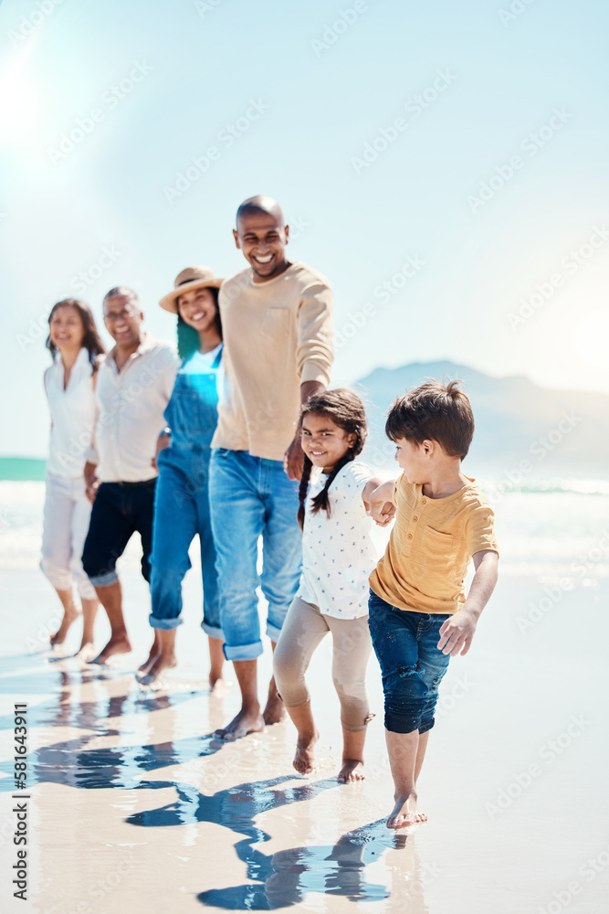 Walking, portrait and a big family holding hands at the beach for a ...