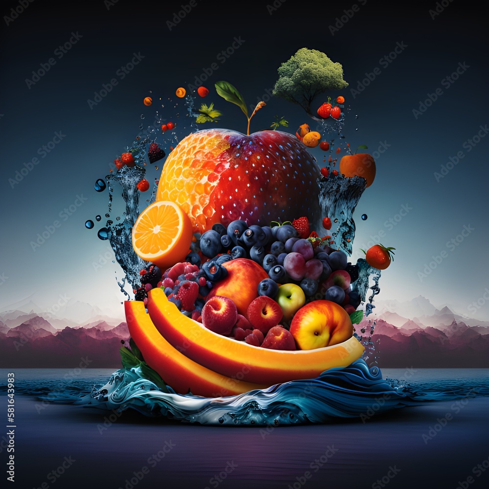 fruit in the sea ocean surreal fruit plate many fruits fantasy Stock ...