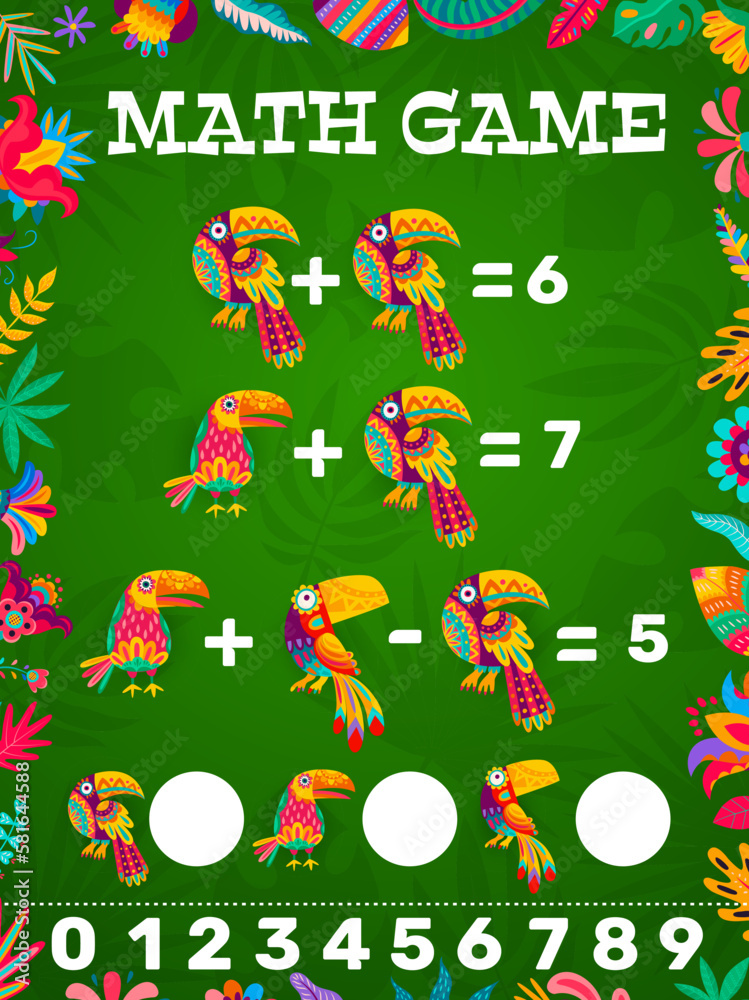 Math game worksheet, Mexican and Brazilian toucans in tropical jungles ...