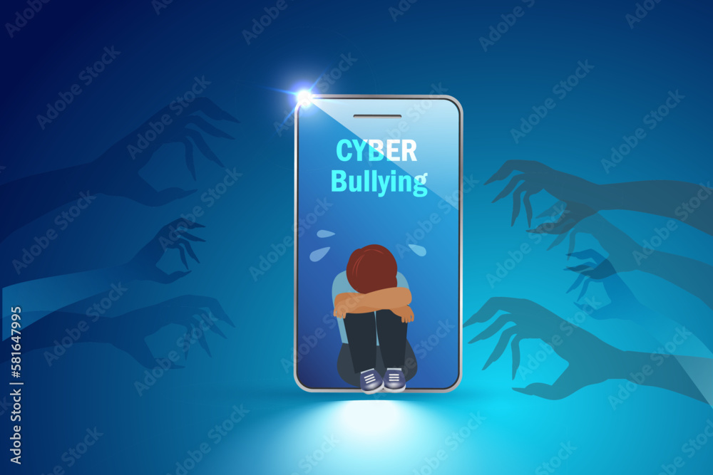 Cyberbullying from social media, child abuse concept. Kid crying on ...