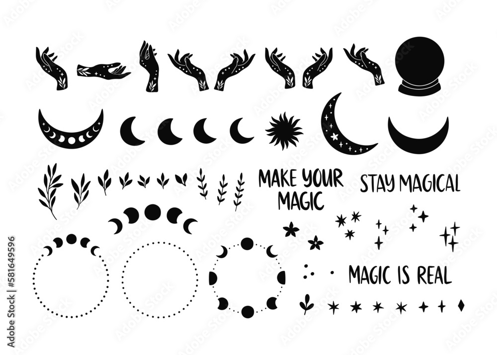 Boho vector illustration set - witchy hands, celestial elements, moon phase, floral, star. Hand ...